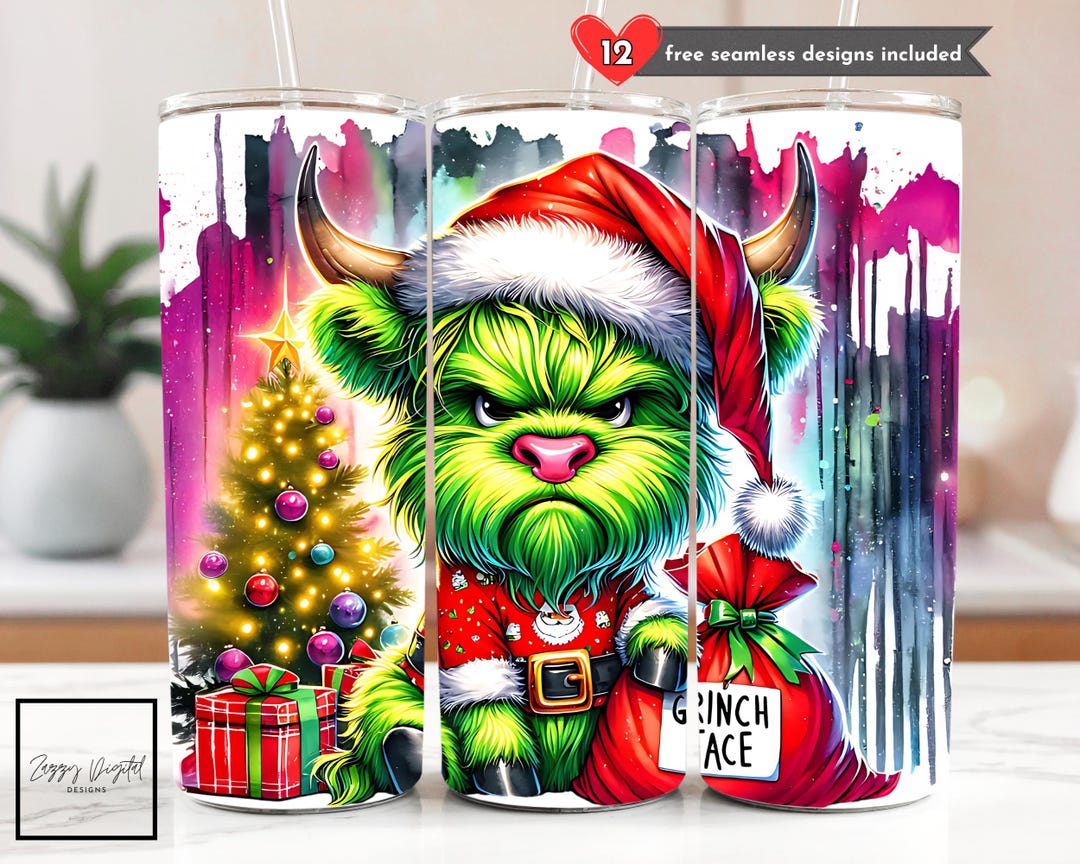 Funny Highland Cow Tumbler Wrap PNG, Christmas Grinch Face 20 Oz Skinny ...
