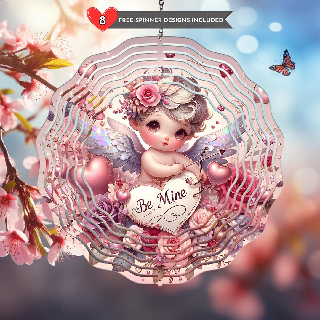 Valentine Cupid Wind Spinner PNG, Be Mine Pink Floral Hearts ...