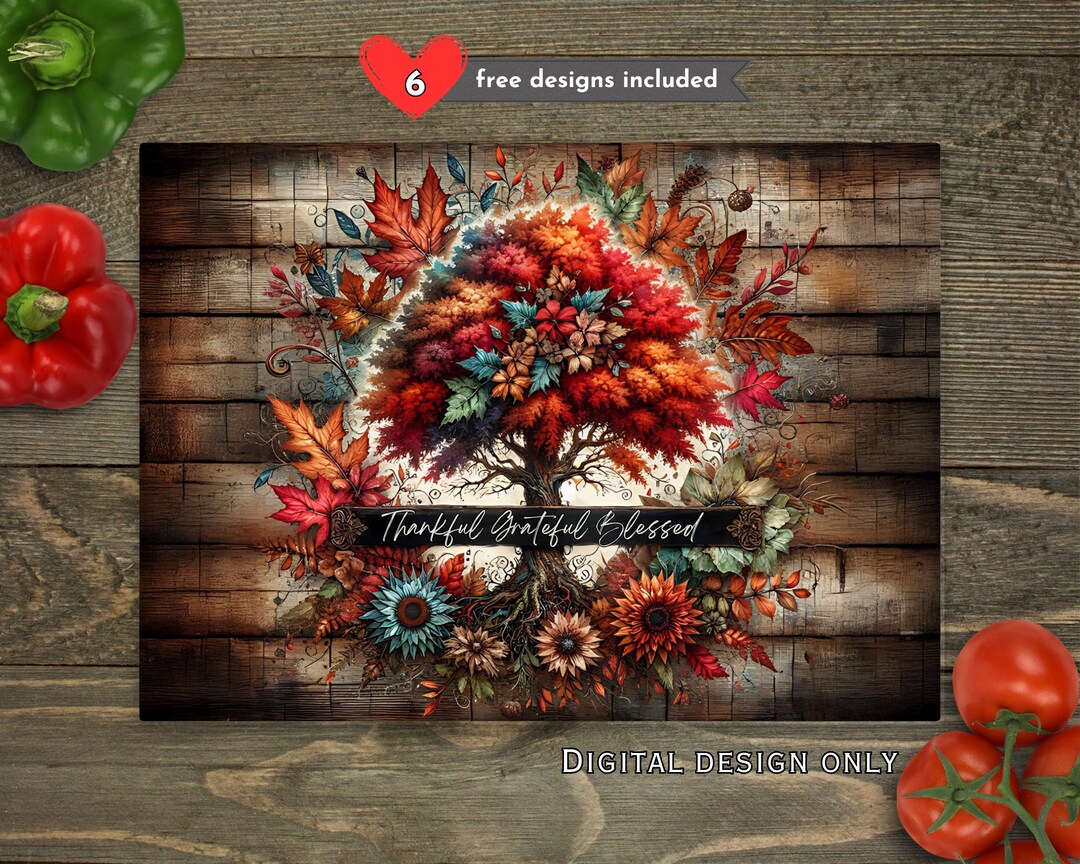 Thankful Grateful Blessed Fall Kitchen Glass Cutting Board PNG, Rustic ...