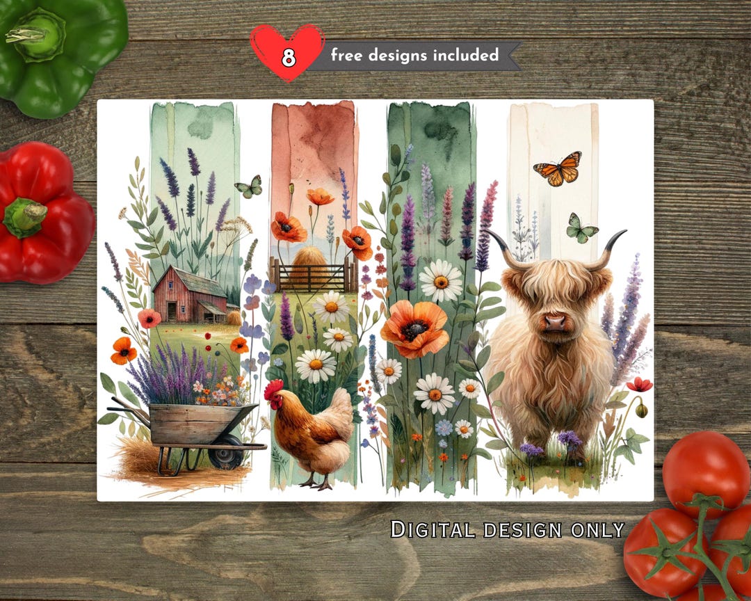Farmhouse Spring Highland Cow & Chickens Cutting Board Design, Country ...