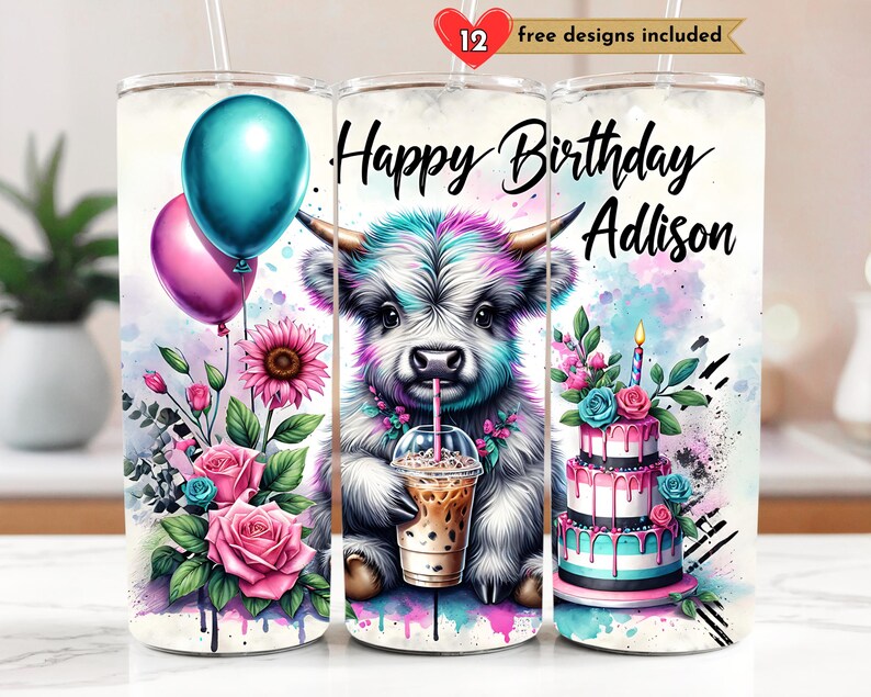 Personalized Happy Birthday Highland Cow 20 Oz Skinny Tumbler ...