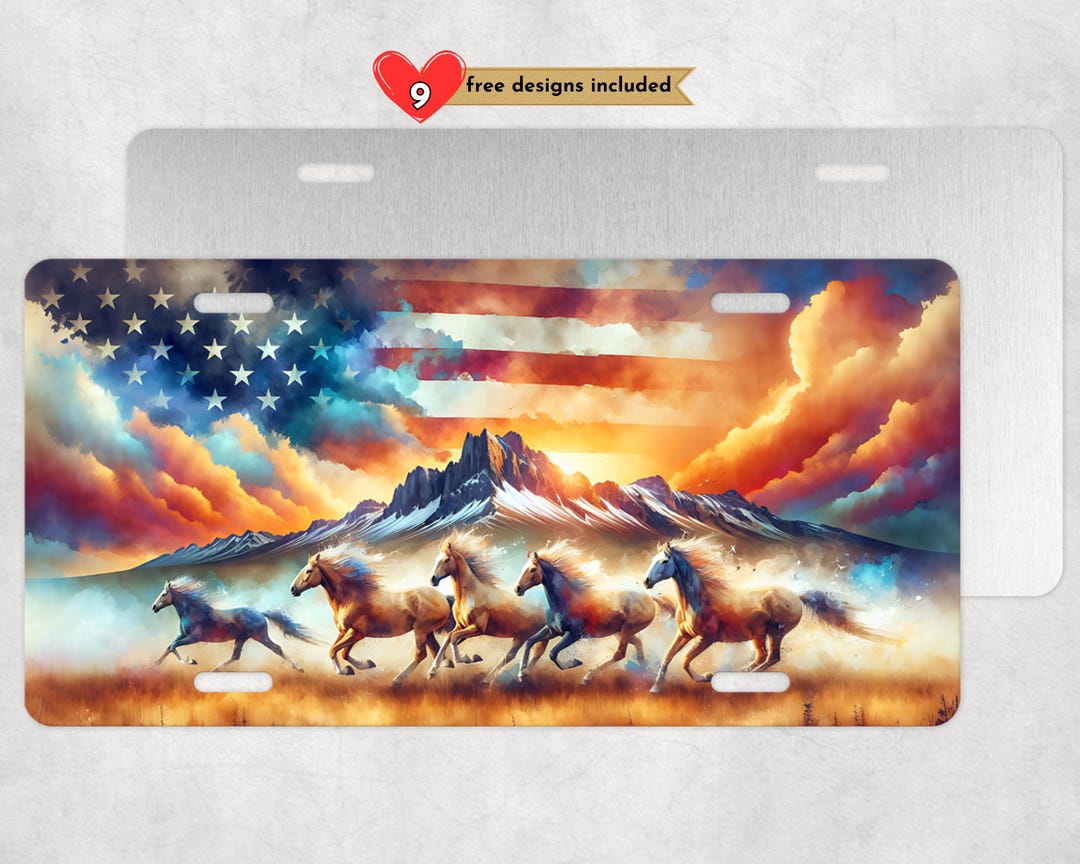 Patriotic Wild Horses License Plate PNG, American Flag Mountain ...