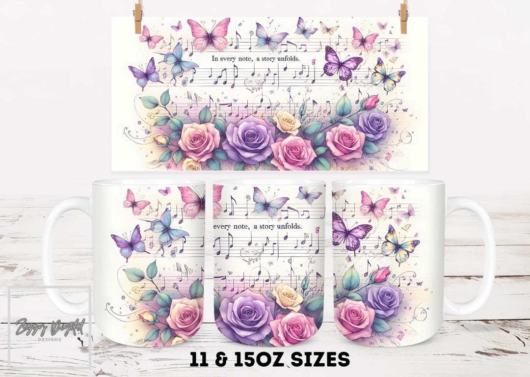 11 and 15oz Mug Design PNG, Floral Music Sublimation Design, Watercolor ...