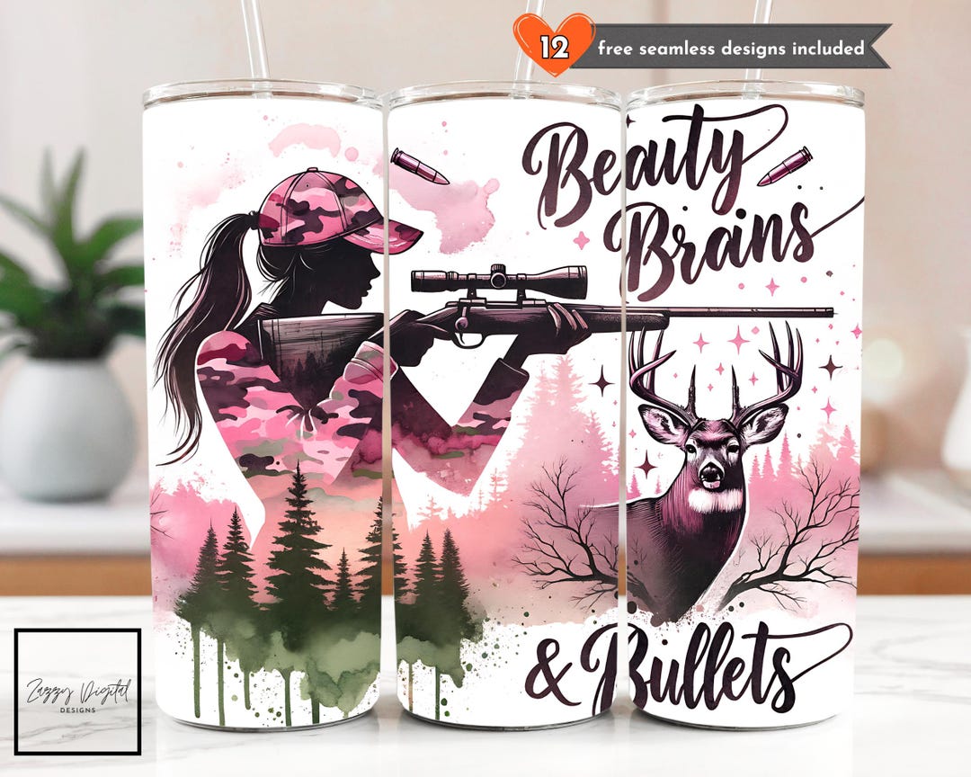 Beauty Brains & Bullets Camo Hunting Tumbler Wrap, Pink Rustic Camouflage 20 Oz Skinny Tumbler ...