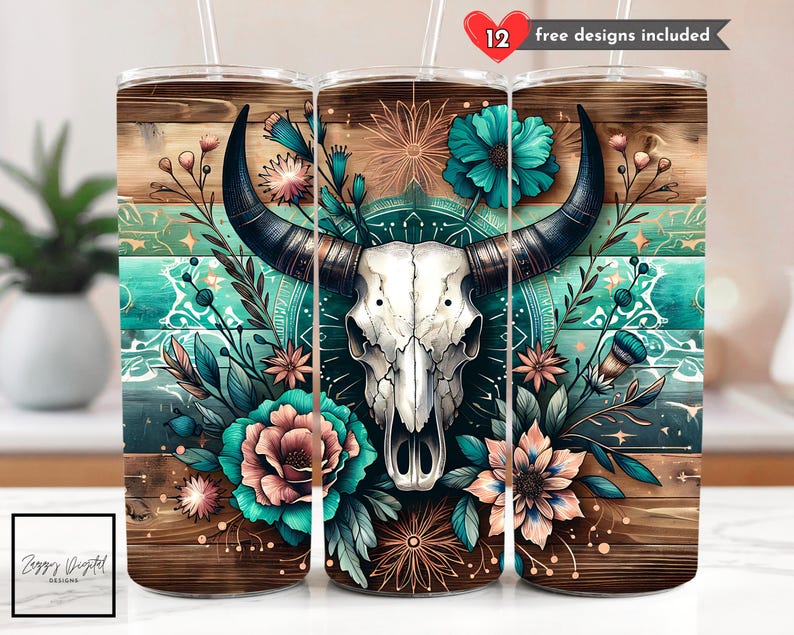 Western Floral Bull Skull 20 Oz Skinny Tumbler Rustic Country ...