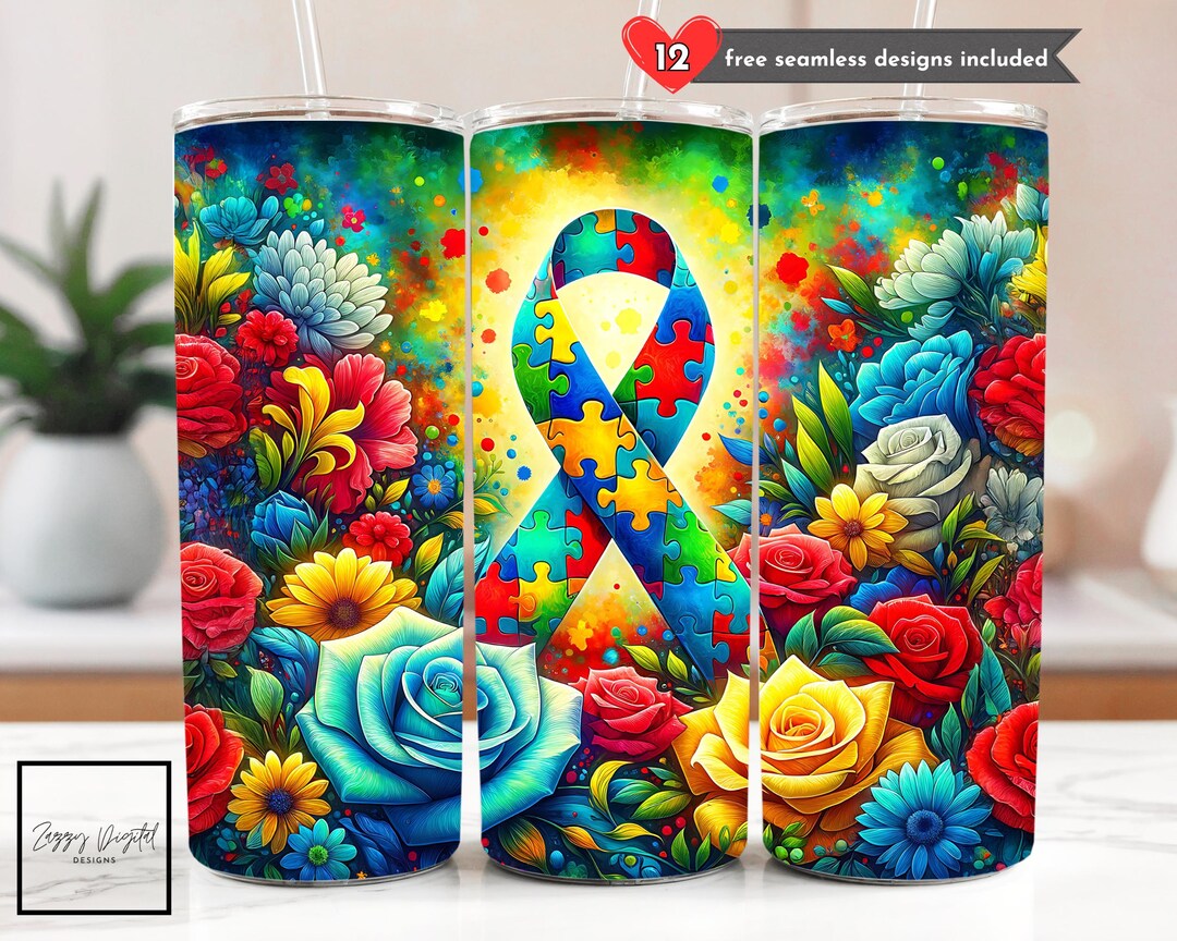 Autism Awareness Tumbler Wrap PNG, Autism Ribbon 20 Oz Skinny Tumbler ...