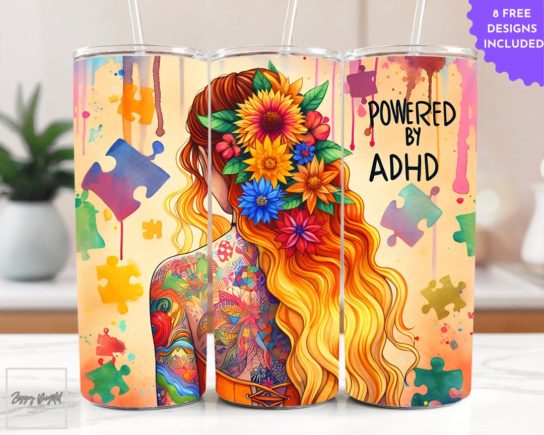 Powered by ADHD Awareness 20oz Skinny Tumbler Wrap Design ...