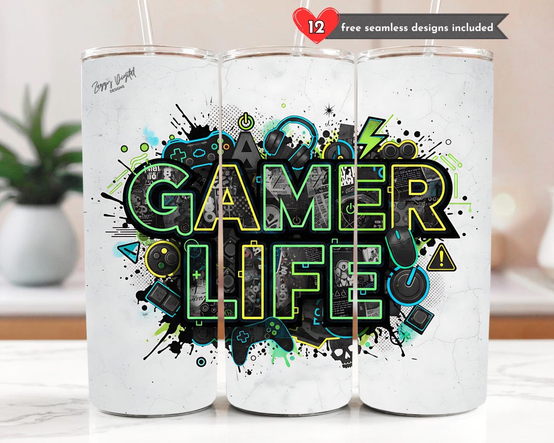 Gamer Life Tumbler Wrap PNG, Trendy Retro Neon Gamer 20 Oz Skinny ...