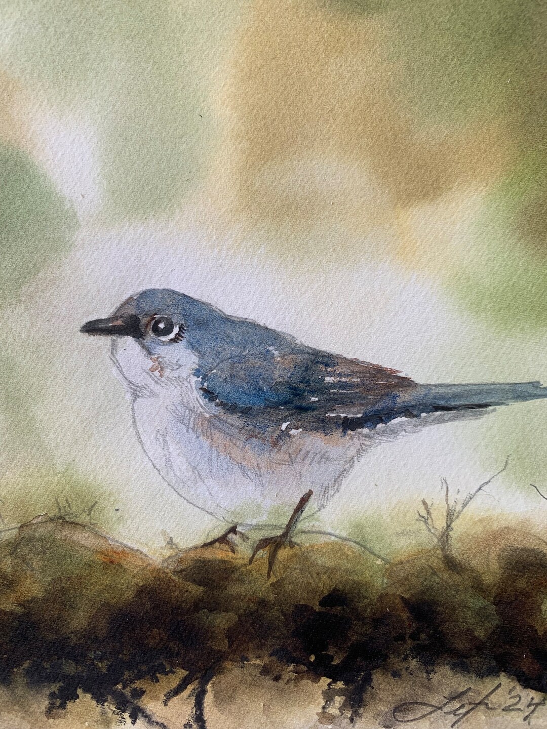 Original Bird Painting in Watercolor- Small Original Painting of Blue ...