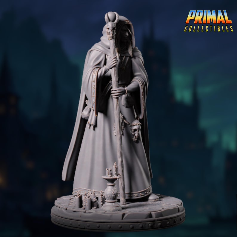 Hooded Wizard Miniature With Skull Staff: Resin Warlock, Necromancer ...