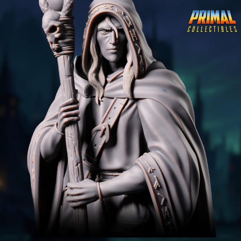 Hooded Wizard Miniature With Skull Staff: Resin Warlock, Necromancer ...