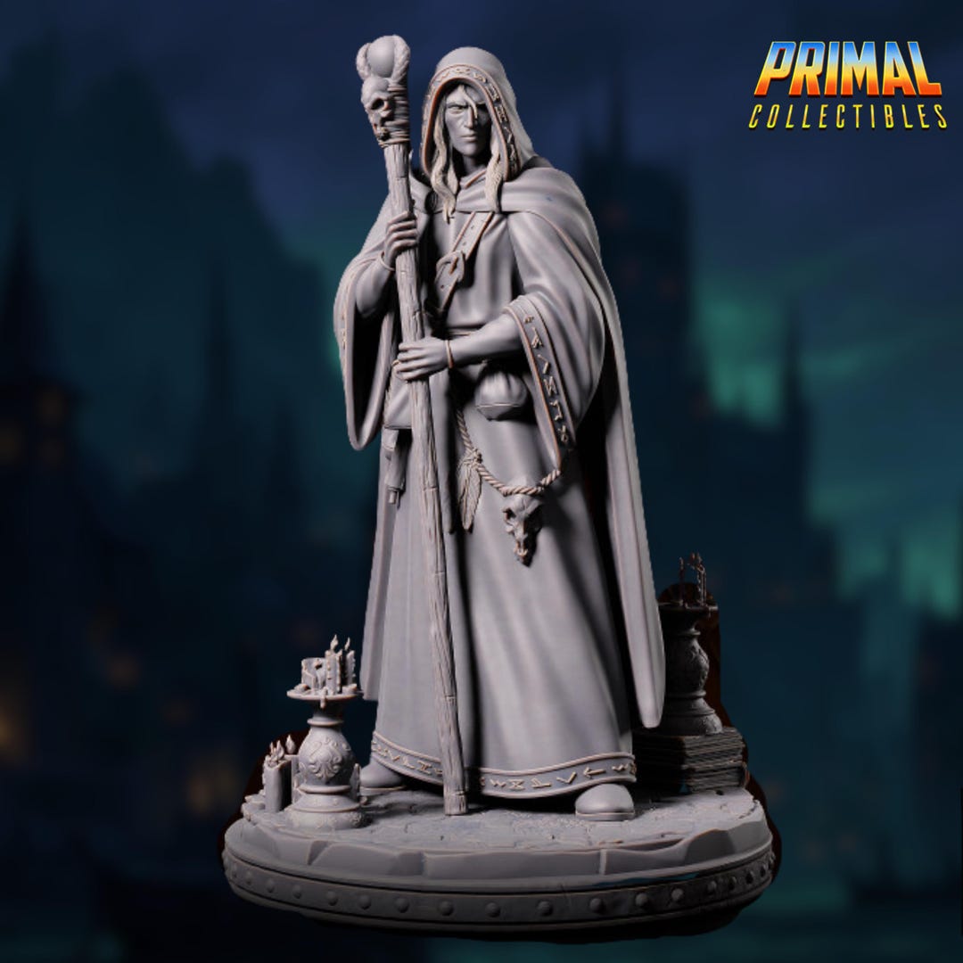 Hooded Wizard Miniature With Skull Staff: Resin Warlock, Necromancer ...