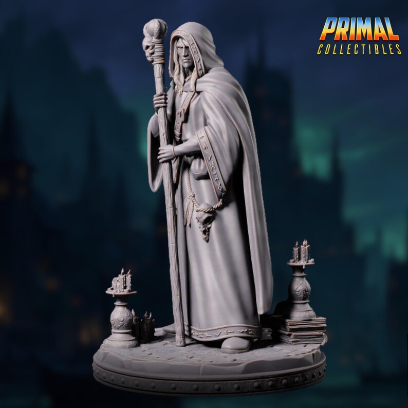 Hooded Wizard Miniature With Skull Staff: Resin Warlock, Necromancer ...