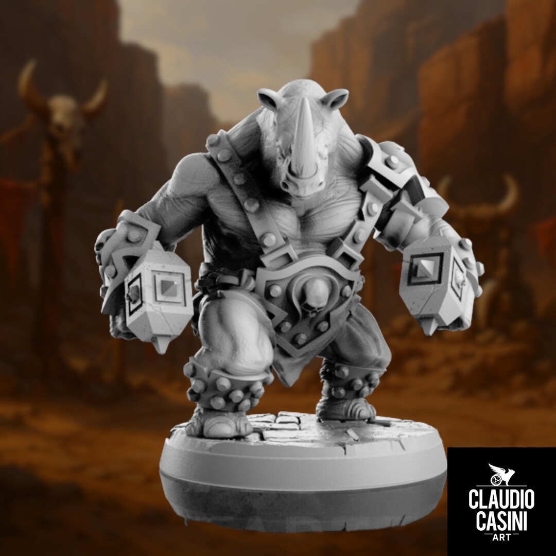 Rhinofolk Barbarian Miniature | Beastfolk Rhino Fighter Enemy NPC or ...