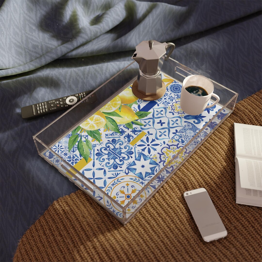 Blue & Yellow Moroccan Tile Acrylic Serving Tray With Lemon Design ...