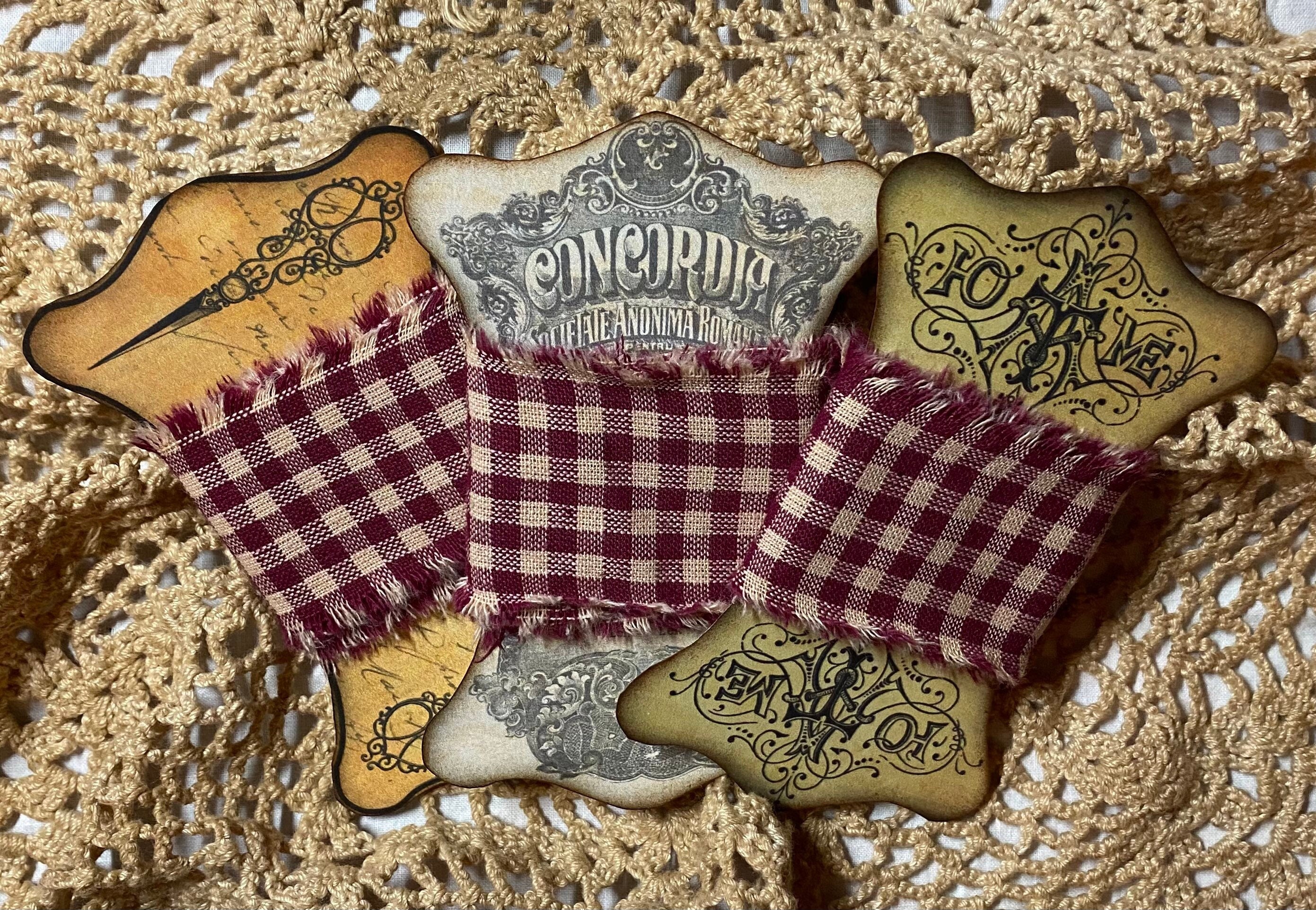 Hand Frayed Edges Fabric Trim Strips Burgundy & Tan Buffalo Check for ...