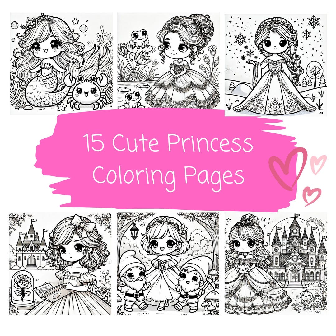 Kawaii Princess Coloring Pages | 15 Cute Princess Bundle Coloring Pages ...