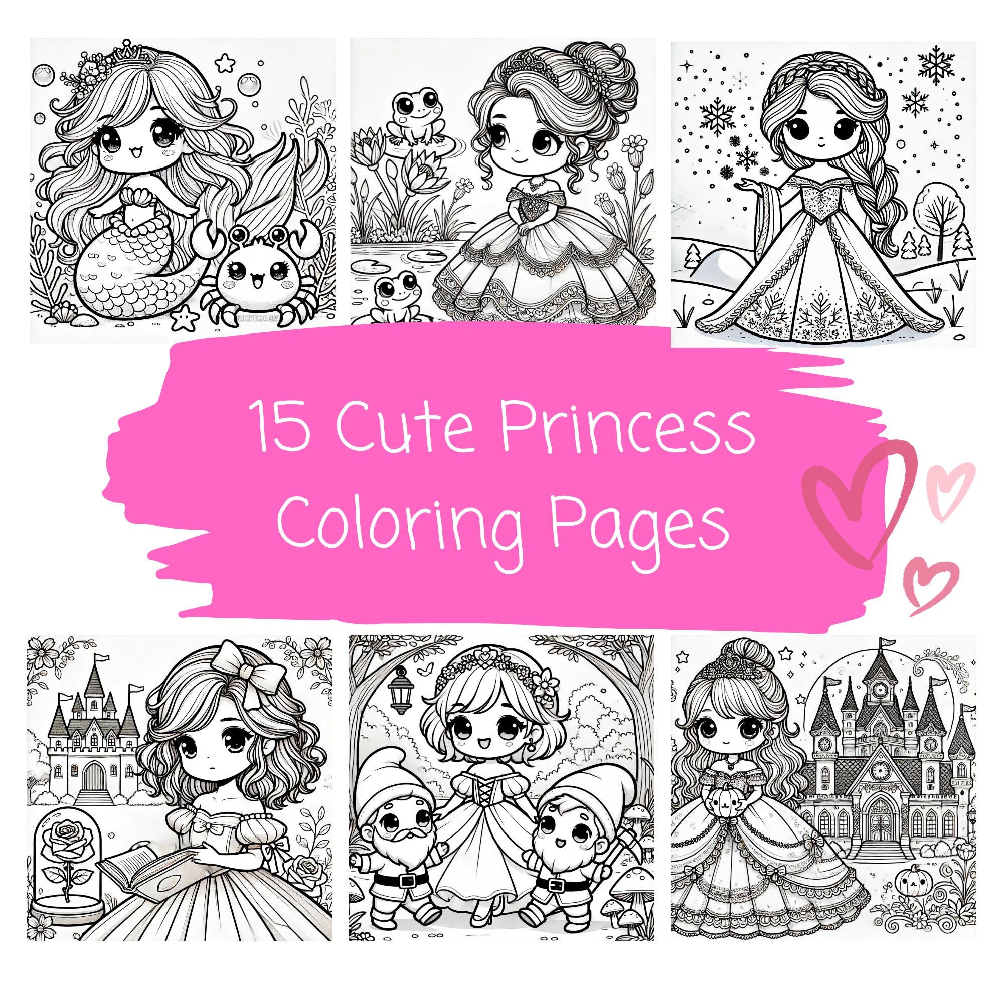 Kawaii Princess Coloring Pages | 15 Cute Princess Bundle Coloring Pages ...