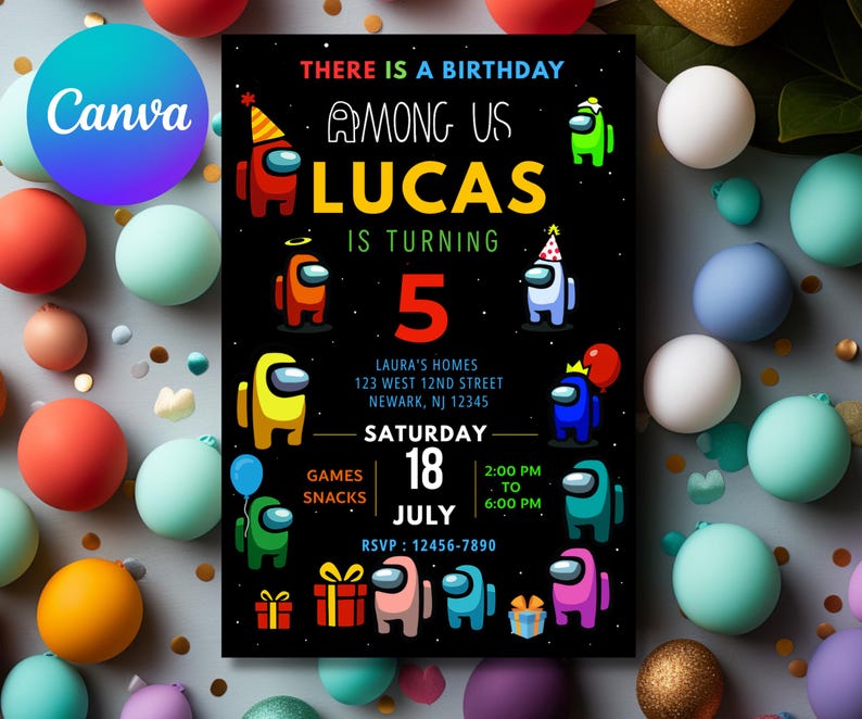 Editable Among Us Birthday Invitation, Kids Space Game Party Invite ...