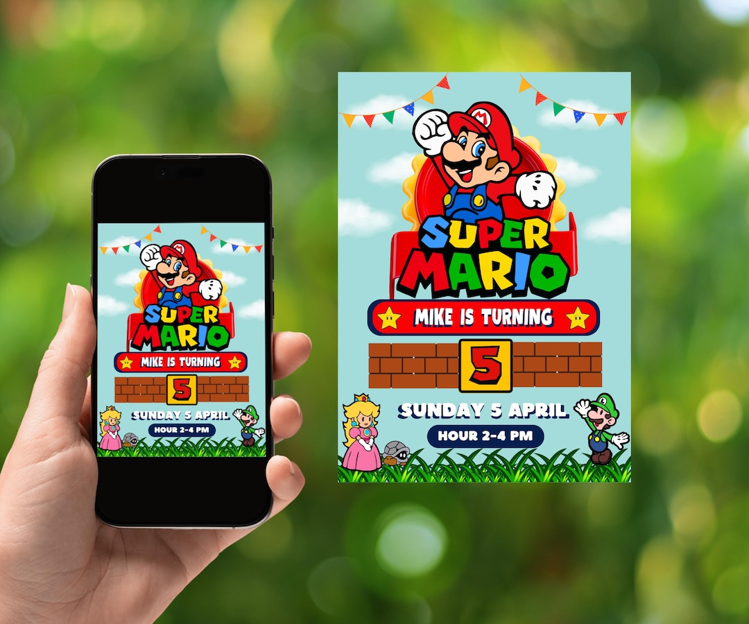 Super Mario Digital Birthday Cards for Kids, Super Mario Canva Design ...