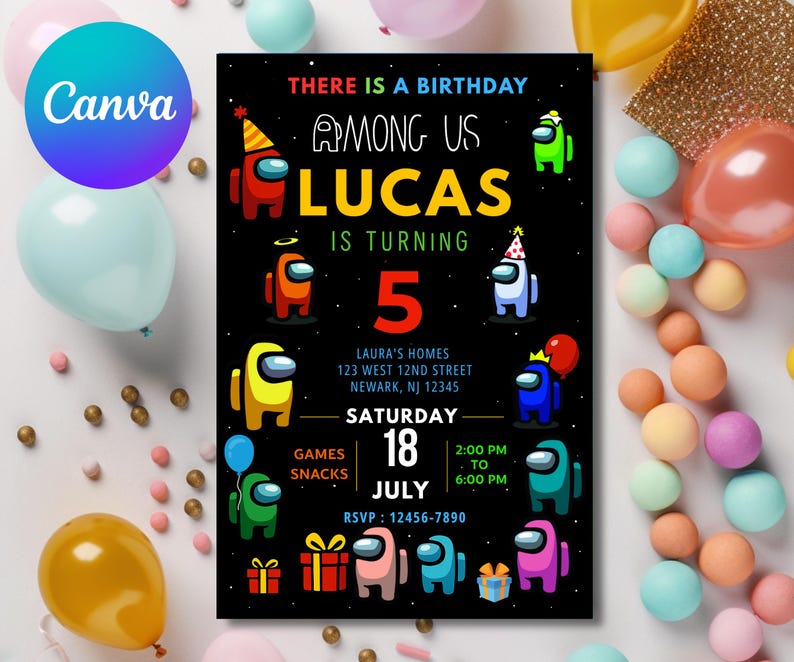 Editable Among Us Birthday Invitation, Kids Space Game Party Invite ...