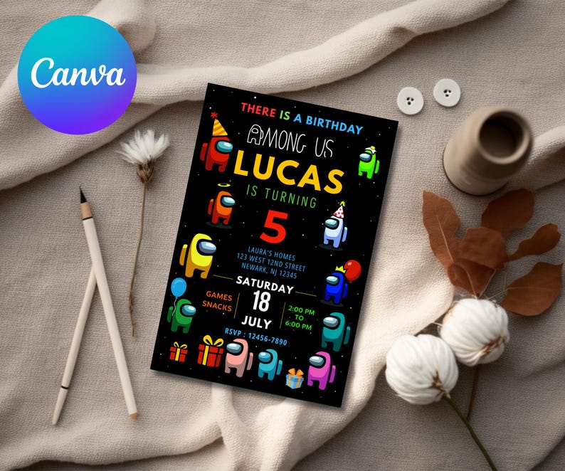Editable Among Us Birthday Invitation, Kids Space Game Party Invite ...