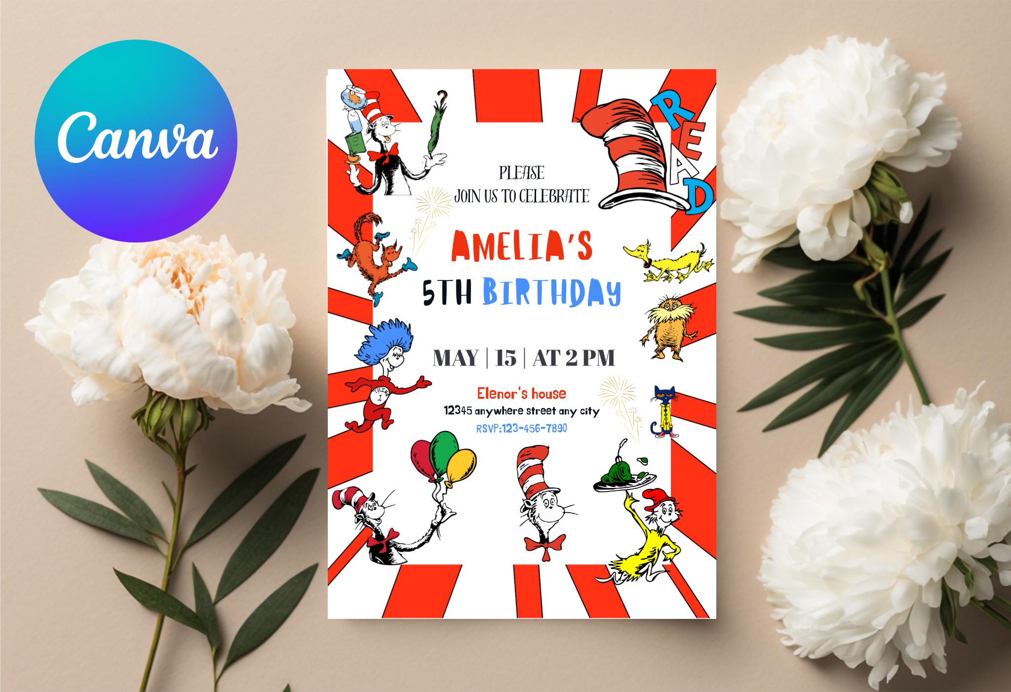 Dr Seuss Birthday Invitation Template - Editable Cat in Hat Party ...
