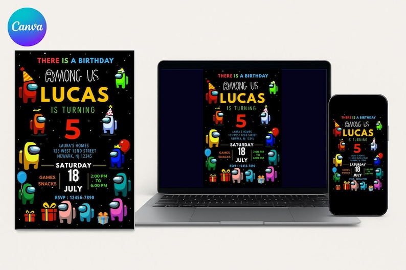 Editable Among Us Birthday Invitation, Kids Space Game Party Invite ...