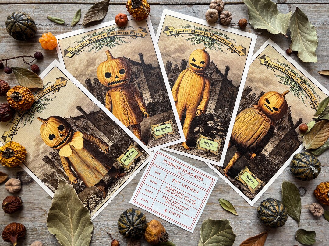 Whimsical Pumpkin BUNDLE Fine Art Prints, Halloween Set of 5 Vintage ...