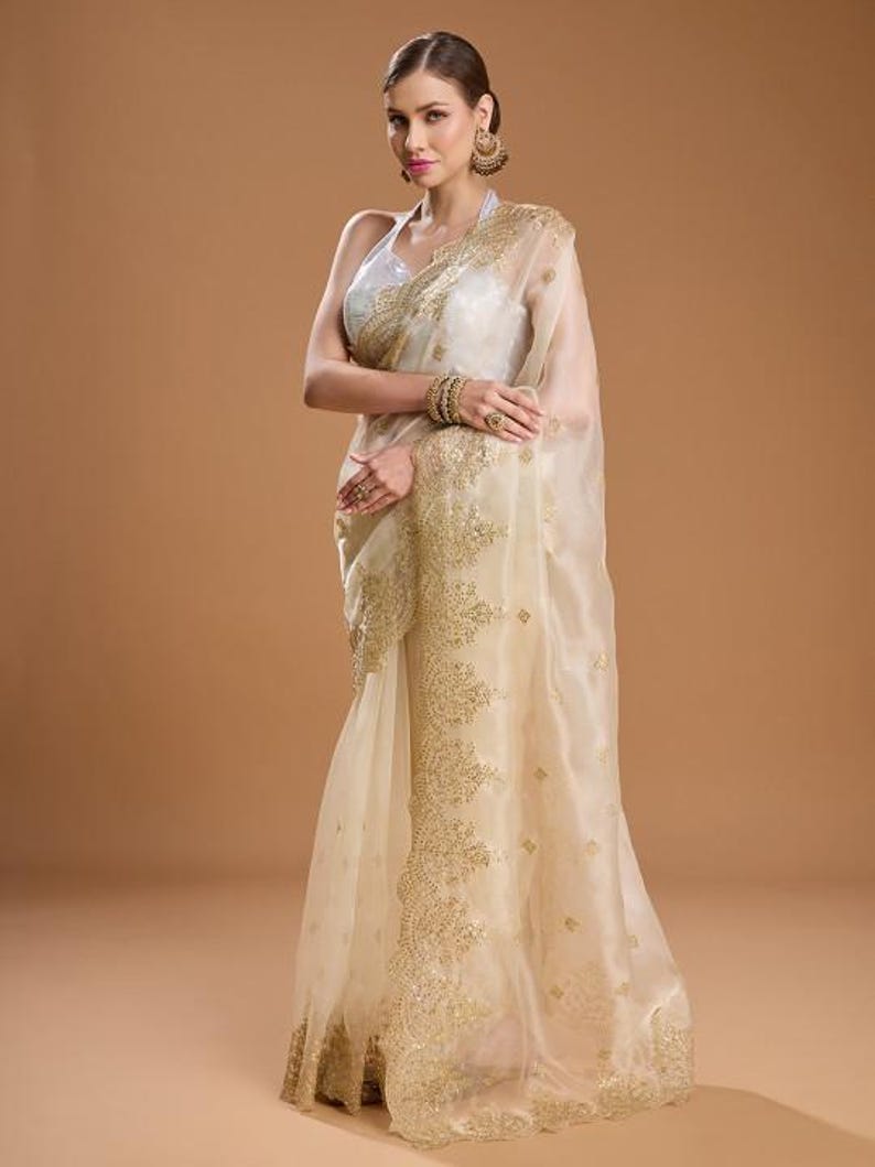 Ivory & Gold Organza Saree | Embellished Wedding Saree With Blouse - Etsy