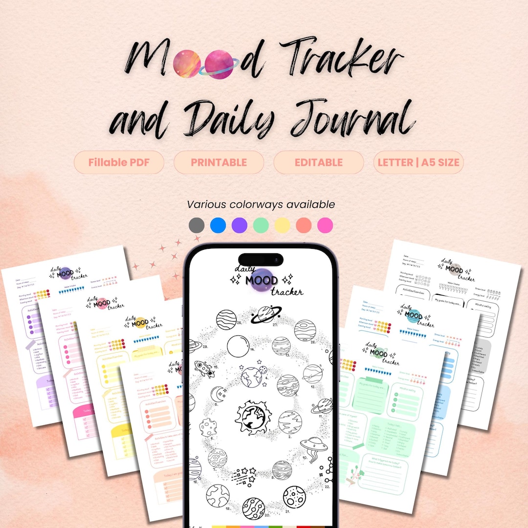 Mood Tracker Printable, Monthly Mood Log, Daily Journal Page, Self-care ...