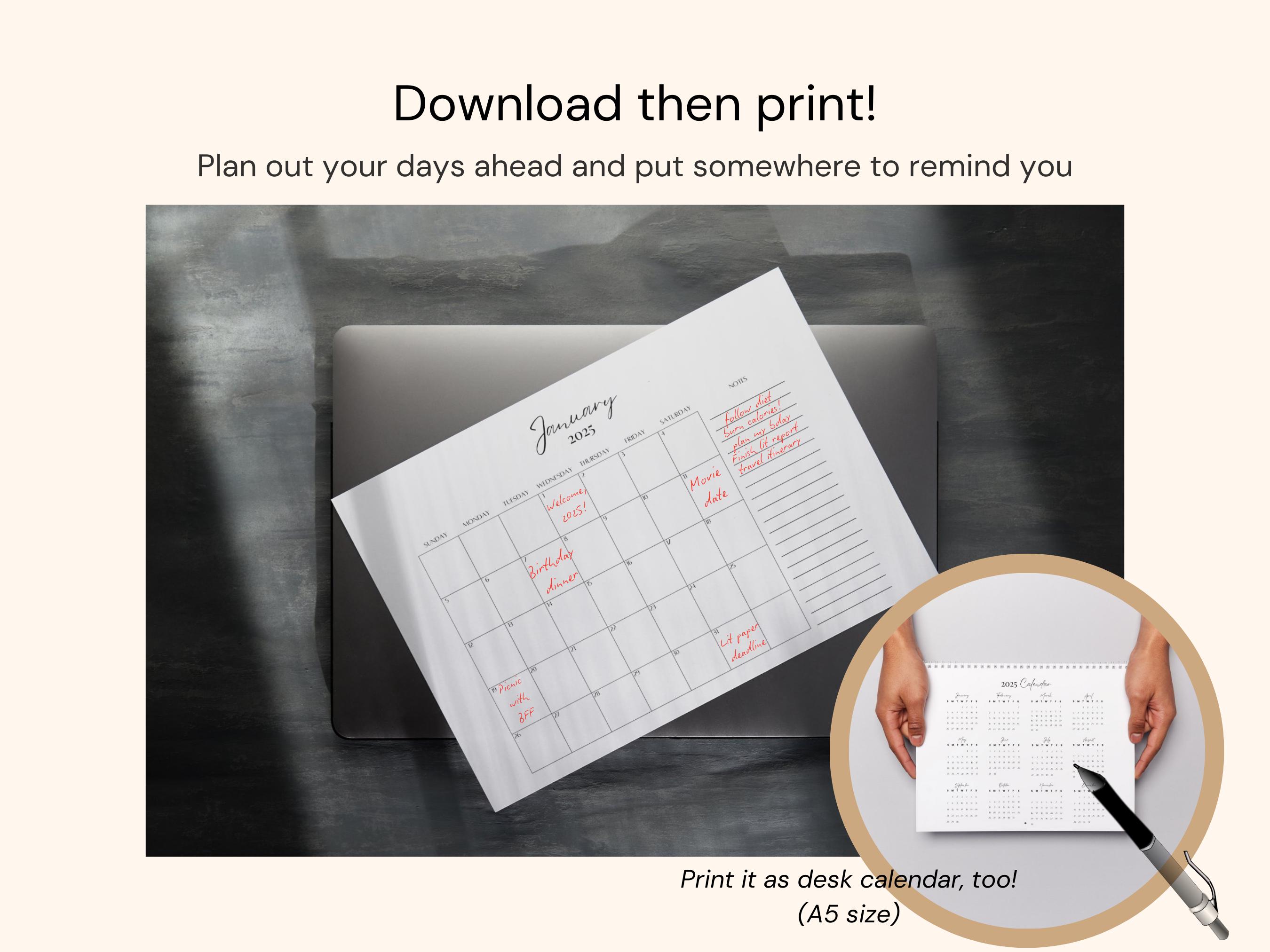 2025 Monthly Calendar With Notes, Printable Calendar, Minimalist ...