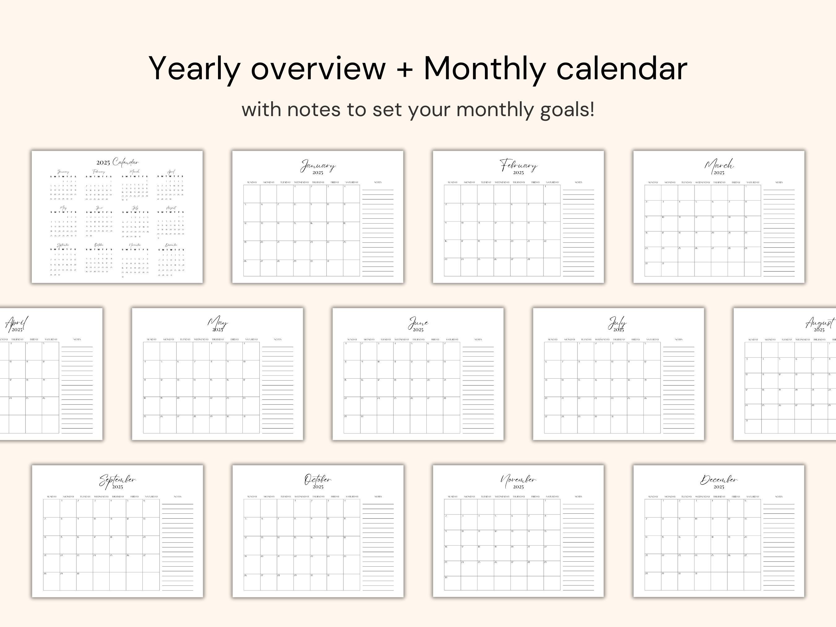 2025 Monthly Calendar With Notes, Printable Calendar, Minimalist ...