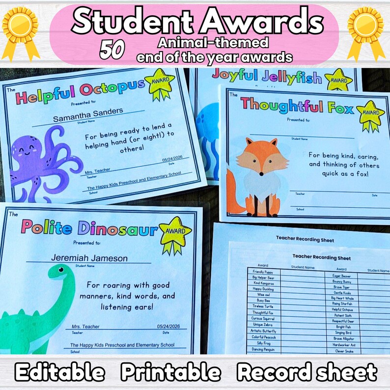 End of Year Student Awards | Animal Theme | 50 Editable Certificates ...