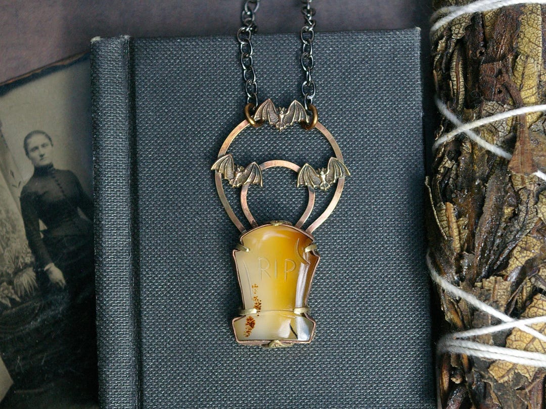 Gravestone Whimsigoth Necklace, Agate Grave, Brass Bats Setting ...