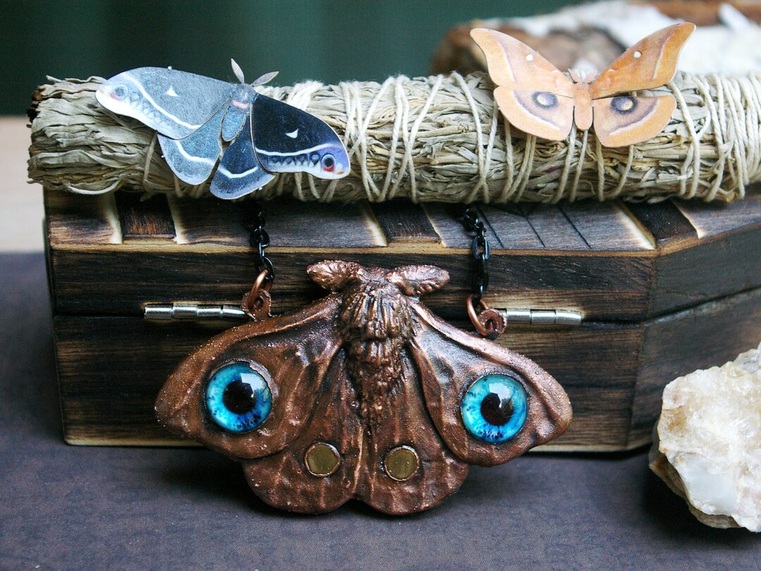 Emperor Moth Necklace, Electroformed Copper, Glass Eyes, Black Enamel ...