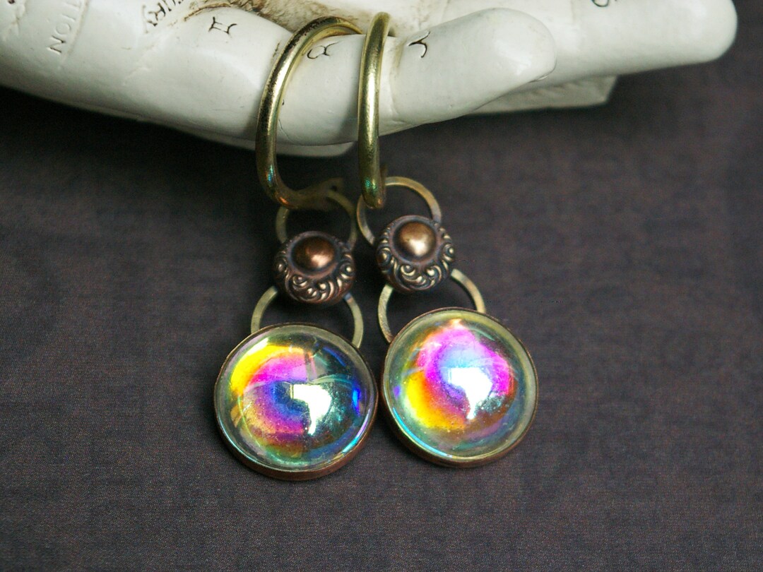 12g Brass Drop Ear Hangers, Vintage Aurora Glass Orbs, Hand-fabricated ...
