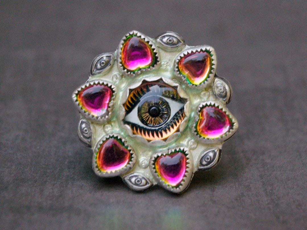 Weirdcore Angel Eyes Statement Ring, Vintage Glass Cabochons, Sterling ...