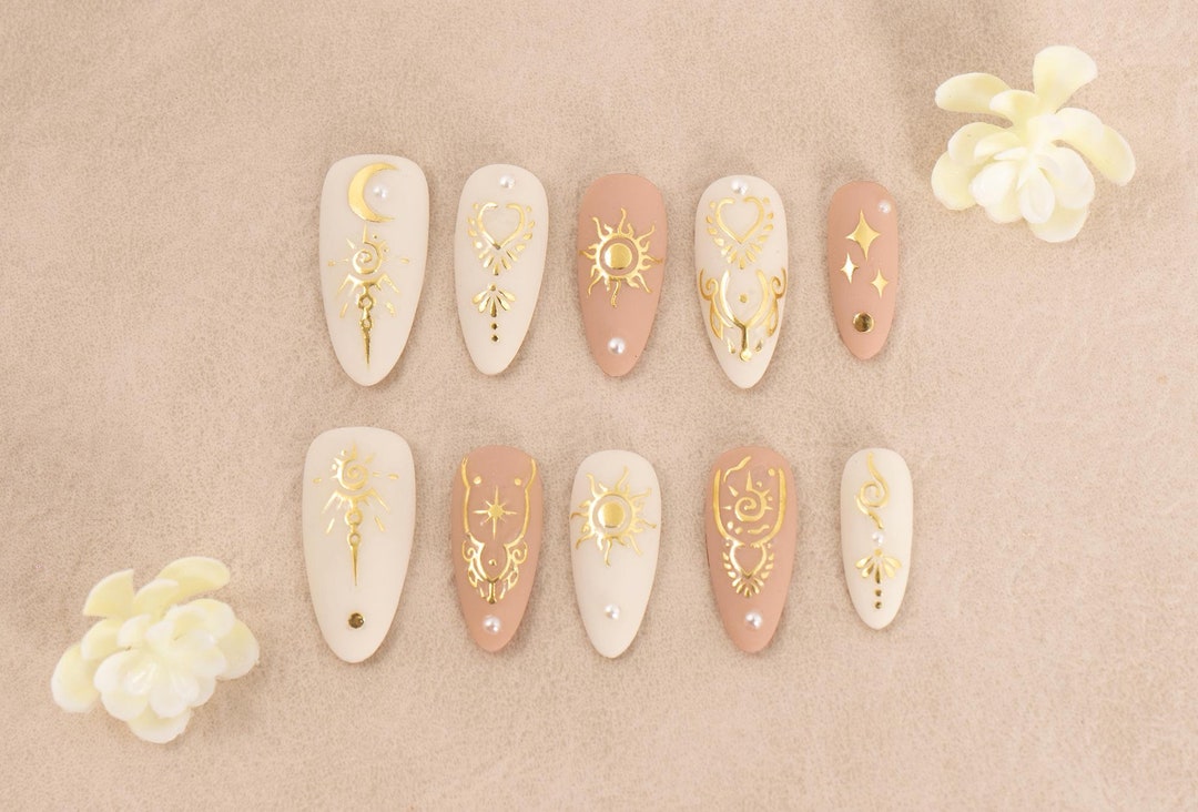 Sun & Moon Press on Nails | Moon, Sun, Star, Pearl | 3D Embossed ...