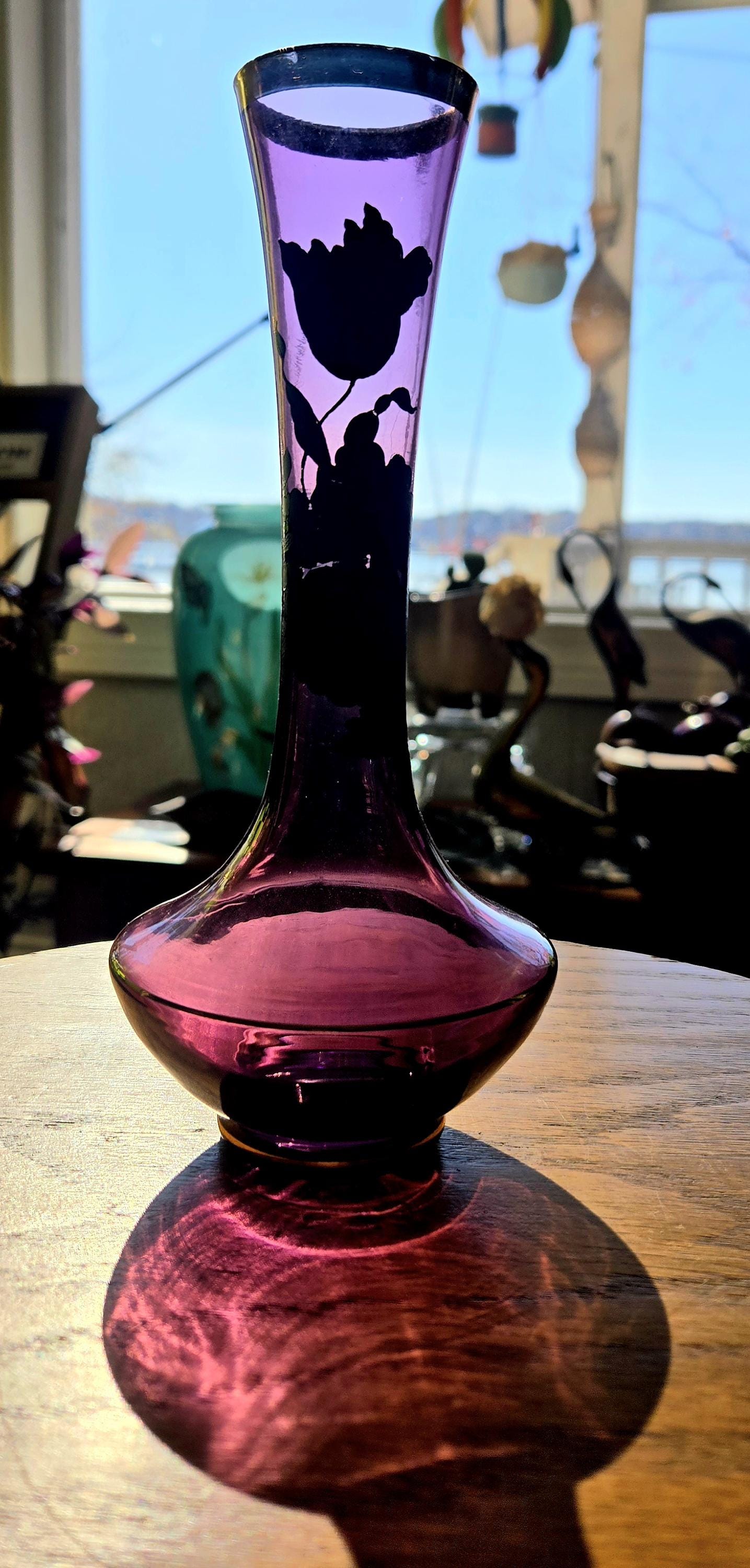 Lefton Amethyst Glass Bud Vase, Hand Blown With Floral Applique ...