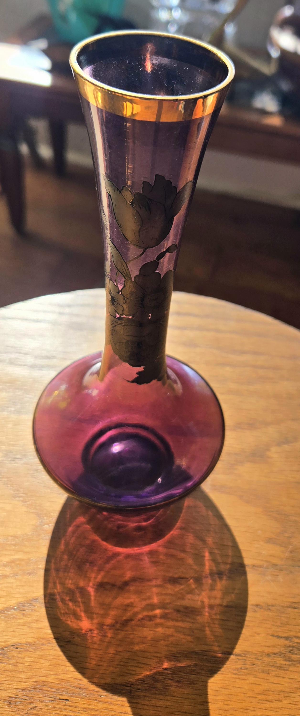 Lefton Amethyst Glass Bud Vase, Hand Blown With Floral Applique ...