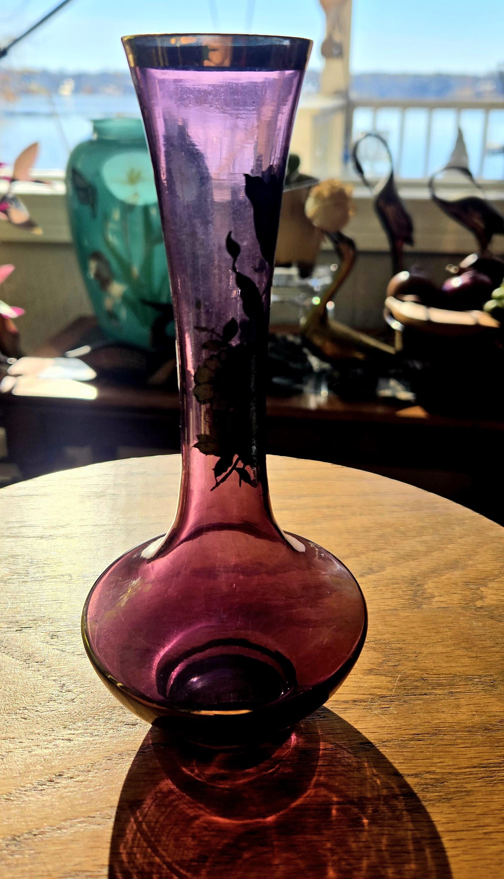 Lefton Amethyst Glass Bud Vase, Hand Blown With Floral Applique ...