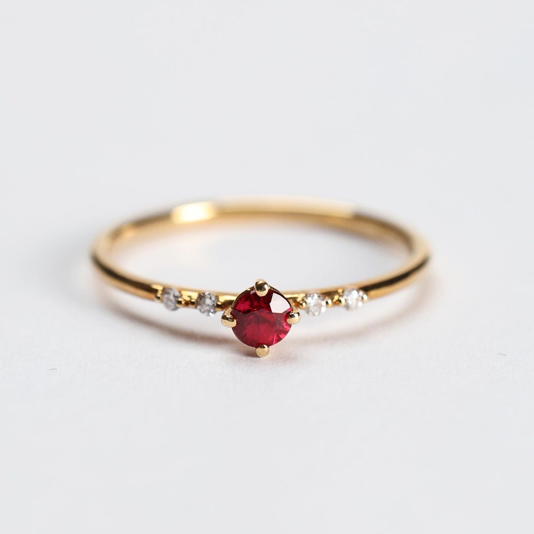 Pigeon Blood Red Ruby Ring ,18k Solid Gold Ring,round Cut Ruby Ring ...
