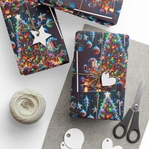 Festive Christmas Wrapping Paper, Xmas Tree Colorful Gold and Purple ...