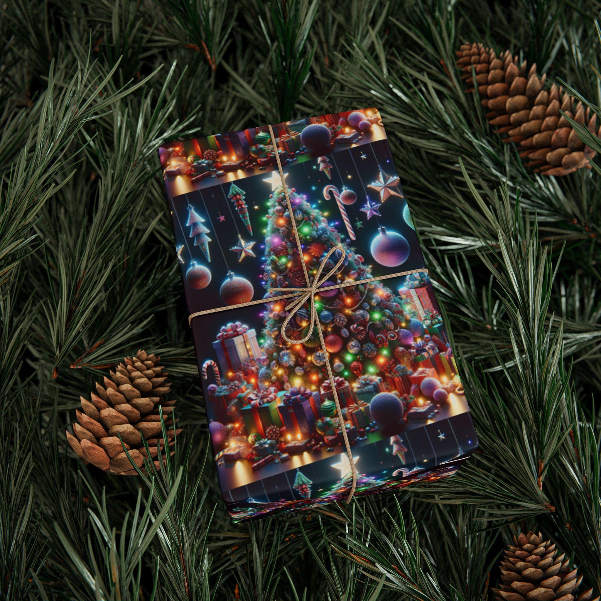 Festive Christmas Wrapping Paper, Xmas Tree Colorful Gold and Purple ...