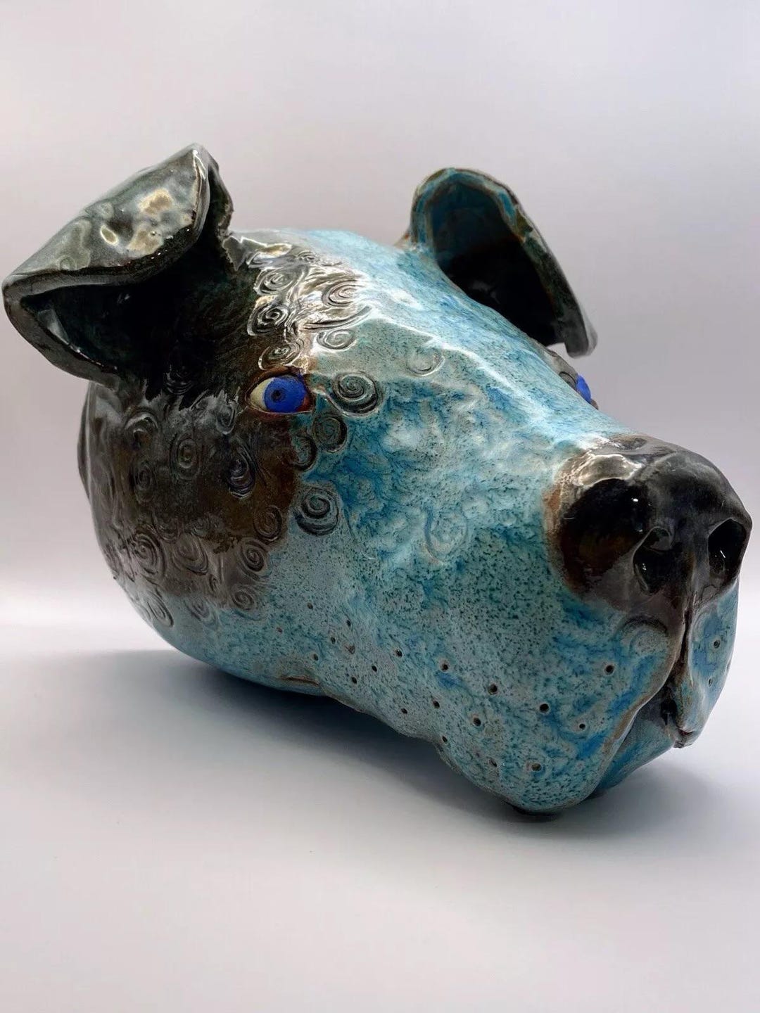 Art Pottery Ceramic Dog Head Wall Hanging Sculpture Blue Brown Glaze 9 ...