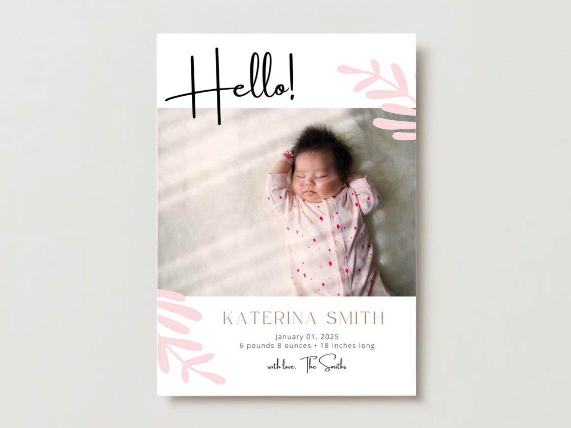 Feminine Baby Girl Announcement Template: Editable Card (digital ...