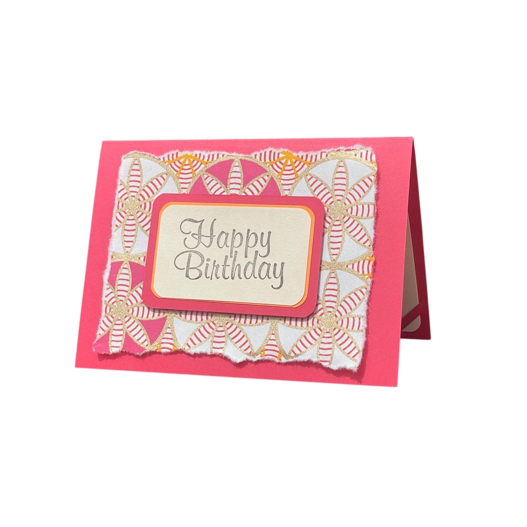 Handmade Salmon Pink Birthday Card: Stamped Artisan Paper Design - Etsy