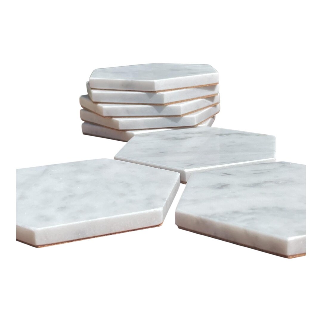 Imperfect Carrara Marble Hexagon Coasters: Customizable Wedding Favors ...