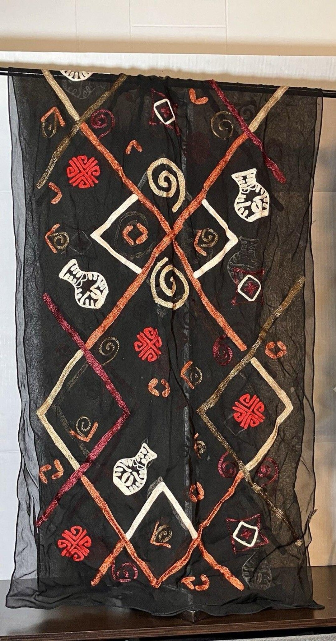 Vintage Sterling Styles Shawl Womens One Size Black Red Gold Orange ...
